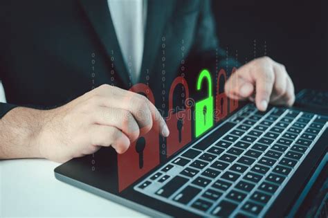 Men Use Computer Identification To Access Data And Unlock Digital Padlock Stock Image Image
