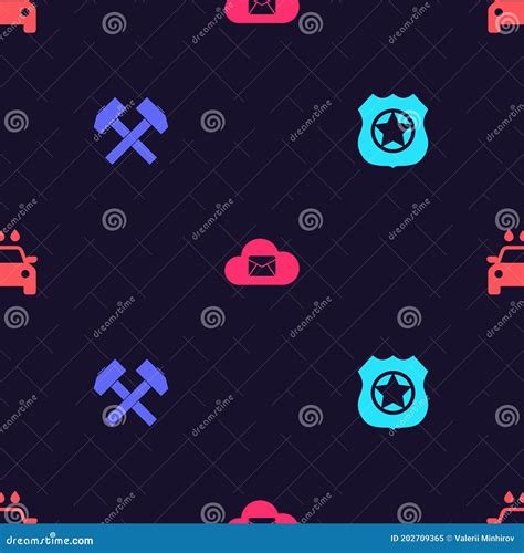 Set Police Badge Two Crossed Hammers Cloud Mail Server And Car Wash