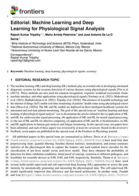 Pdf Editorial Machine Learning And Deep Learning For Physiological