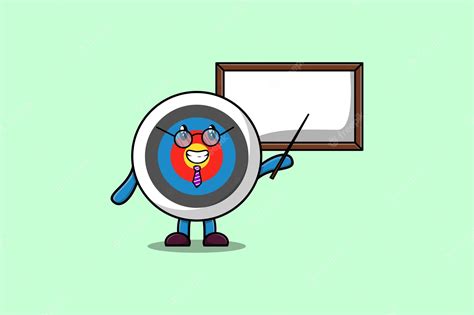 플랫 만화 스타일 컨셉으로 화이트보드로 가르치는 귀여운 만화 양궁 대상 교사 캐릭터 프리미엄 벡터