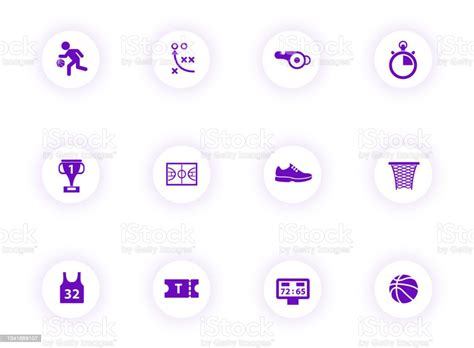 보라색 그림자가있는 밝은 둥근 버튼에 농구 보라색 색상 벡터 아이콘 웹 모바일 앱 Ui 디자인 및 인쇄를 위한 농구 아이콘 세트 Championship에 대한 스톡 벡터