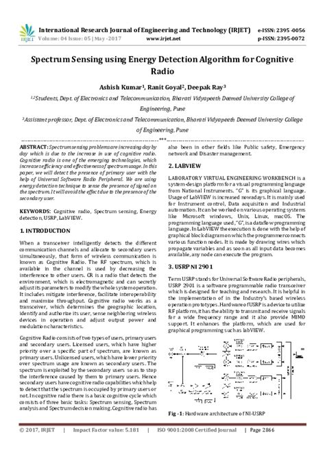 Pdf Spectrum Sensing Using Energy Detection Algorithm For Cognitive Radio