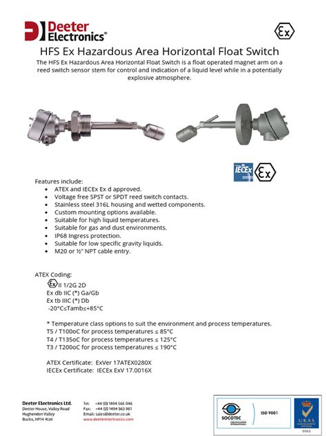 Hfs Ex Hazardous Area Float Switch Pdf Switch Electricity