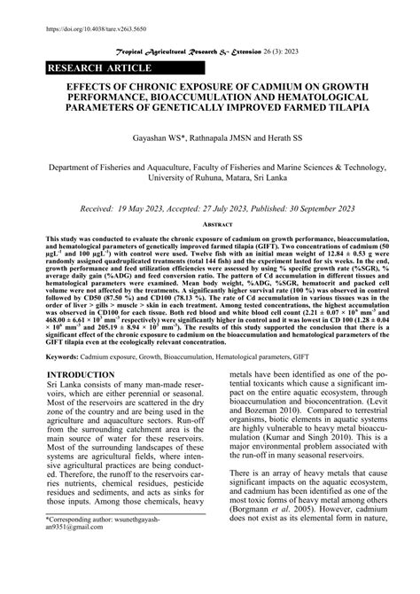 (PDF) EFFECTS OF CHRONIC EXPOSURE OF CADMIUM ON GROWTH PERFORMANCE, BIOACCUMULATION AND ...