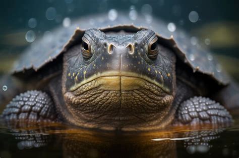 Premium Ai Image A Watery Closeup Of A Snapping Turtle Facing The Camera