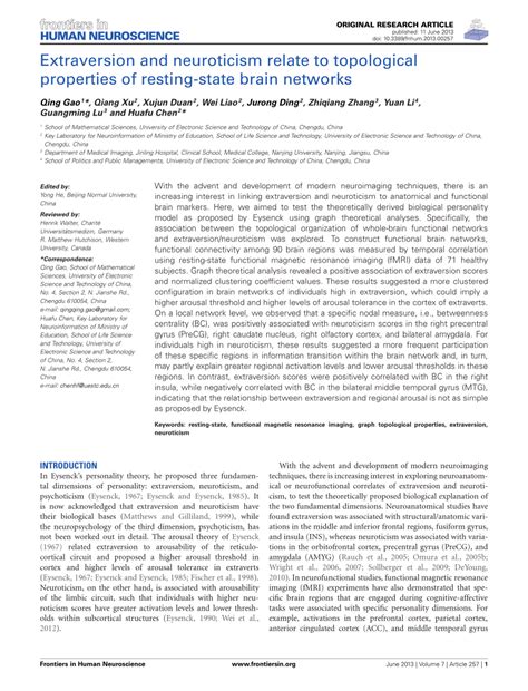 Pdf Extraversion And Neuroticism Relate To Topological Properties Of