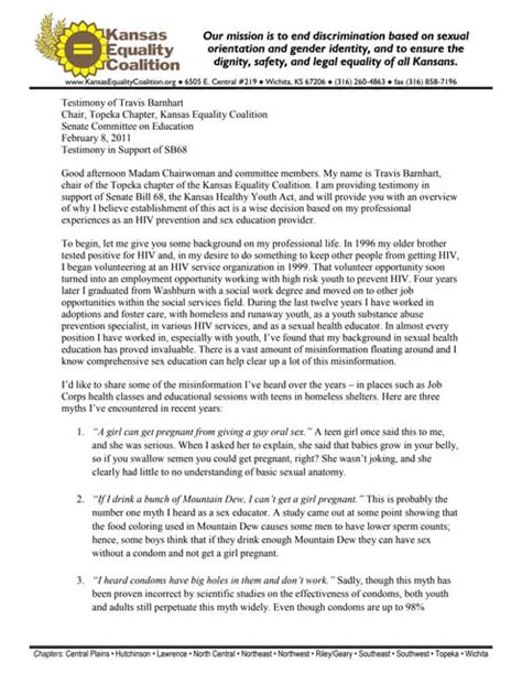 Kansas Senate Committee Sex Ed Testimony Pdf