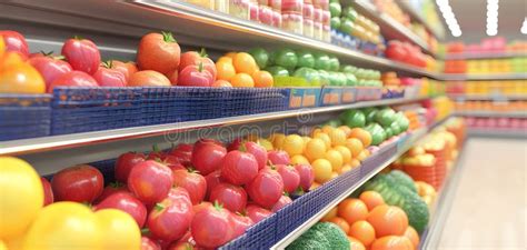 Vibrant Supermarket Shelves Filled With Fresh Fruits And Vegetables In An Eye Catching Array