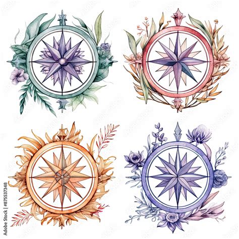 Set Of Four Watercolor Compass Illustrations With Floral Decorations Each Compass Featuring A