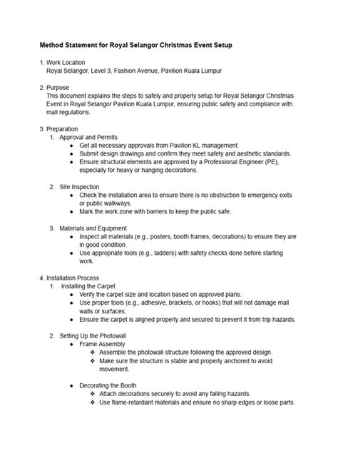 Sample Method Statement Form Royal Selangor Pdf Personal