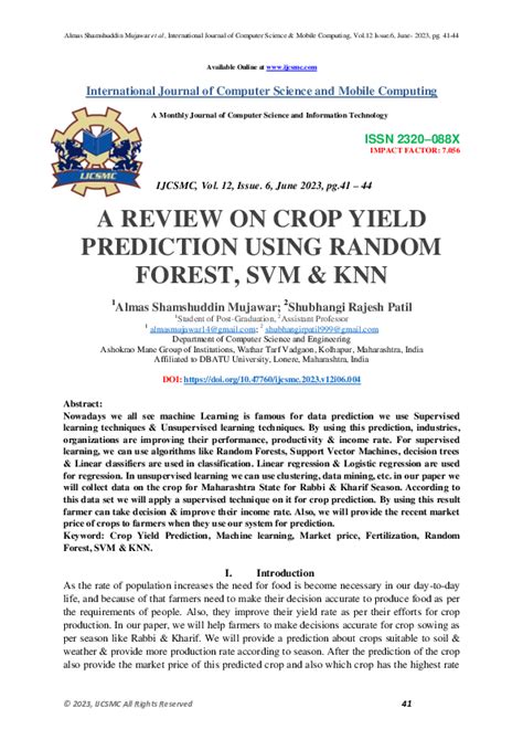 Pdf A Review On Crop Yield Prediction Using Random Forest Svm And Knn