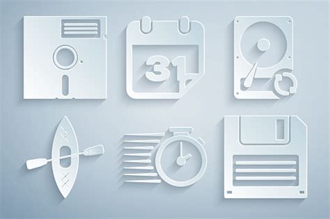 스톱워치 하드 디스크 드라이브 Hdd 동기화 새로 고침 카약 및 패들 플로피 캘린더 및 525 인치 아이콘으로 설정 합니다 벡터 3차원 형태에 대한 스톡 벡터 아트 및 기타