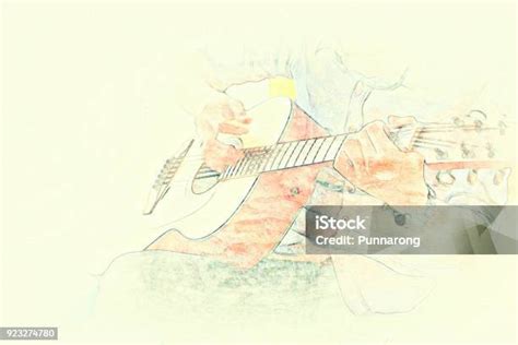 예술 수채화 그림 배경 및 디지털 일러스트 브러쉬에 전경에서 기타를 연주 하는 아름 다운 남자를 추상화 합니다 Theatrical Performance에 대한 스톡 사진 및