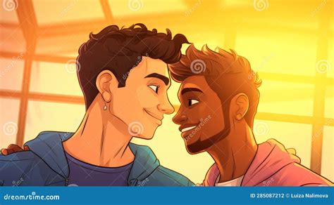 Cartoon Lgbt Handsome Young Gay Couple Standing Head To Head Concept