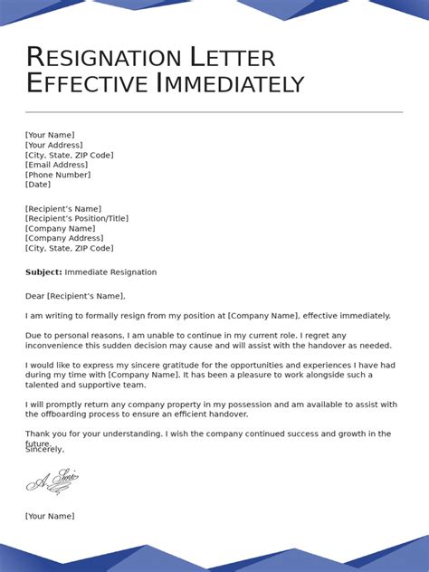 Resignation Letter Effective Immediately 21072 Pdf