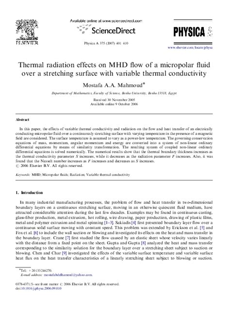 Pdf Thermal Radiation Effects On Mhd Flow Of A Micropolar Fluid Over A Stretching Surface With