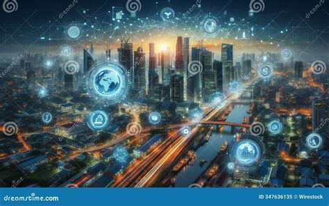 Futuristic City Skyline With Digital Network Overlay Stock