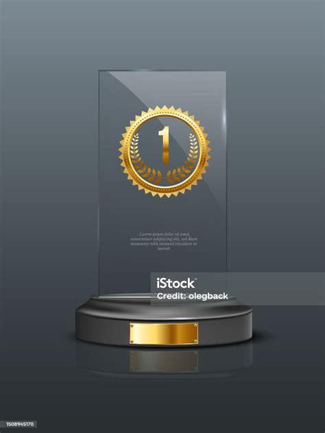 유리 챔피언 상 현실적인 벡터 일러스트 레이 션입니다 빈 황금 메달이 있는 크리스탈 상 회색 배경에 3d 격리된 클립아트 대회