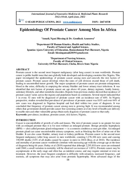 Pdf Epidemiology Of Prostate Cancer Among Men In Africa Frank Oroka