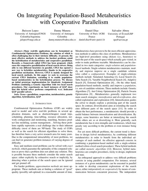 Pdf On Integrating Population Based Metaheuristics With Cooperative