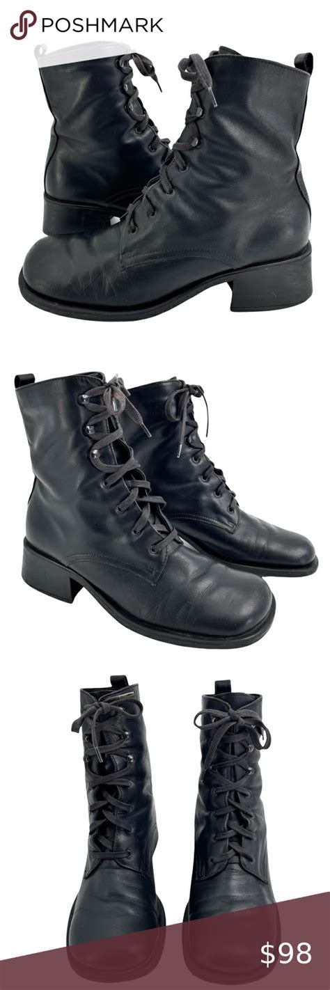 Silpa High End Italian Granny Boots Black Leather Lace Up Block Heel