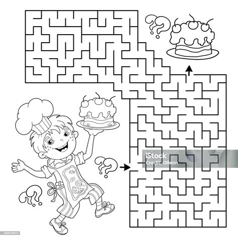 미로 또는 미로 게임 수수께끼 케이크와 만화 재미 소년 요리사의 색칠 페이지 개요 작은 요리사 또는 스컬리온 직업 아이들을위한