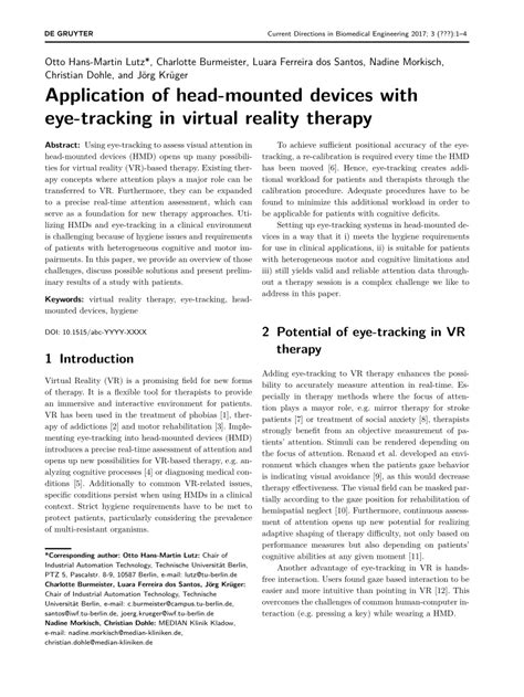 Pdf Application Of Head Mounted Devices With Eye Tracking In Virtual Reality Therapy