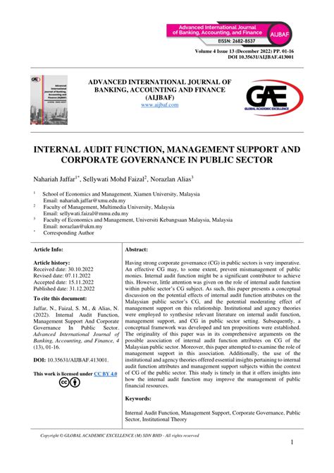 (PDF) INTERNAL AUDIT FUNCTION, MANAGEMENT SUPPORT AND CORPORATE GOVERNANCE IN PUBLIC SECTOR