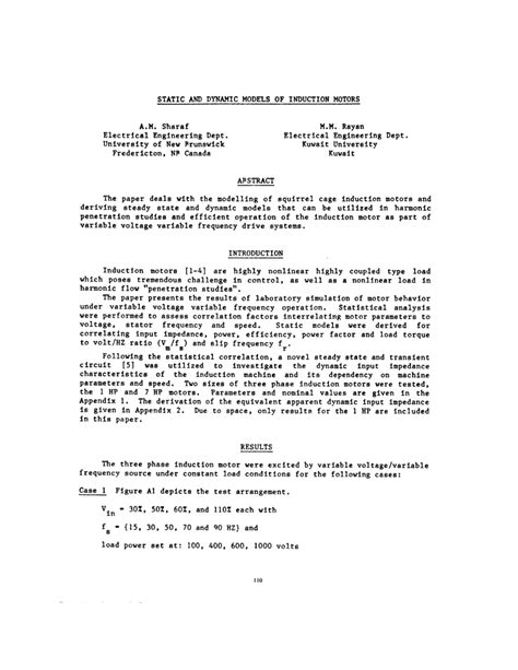 Pdf Static And Dynamic Models Of Induction Motors