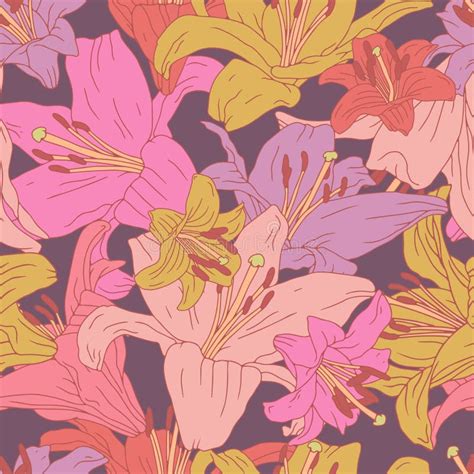 Vintage Seamless Pattern With Hand Drawn Lily Flowers On Dark Purple