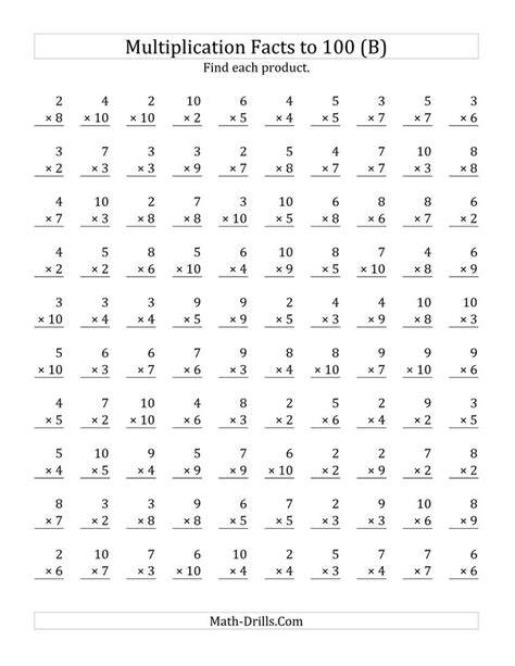 The Multiplication Facts To 100 No Zeros Or Ones B Math Worksheet