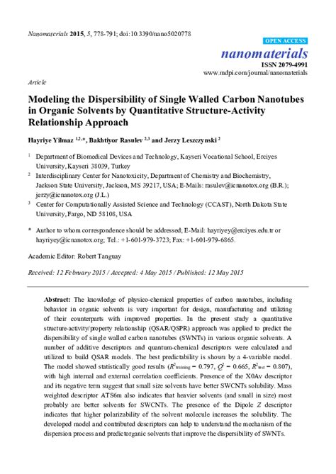 Pdf Article Modeling The Dispersibility Of Single Walled Carbon