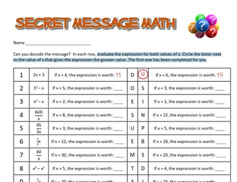 Secret Message Math Evaluating Expressions For A Given Value