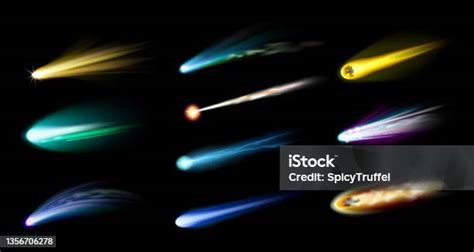 사실적인 슈팅 스타 3d 떨어지는 유성 트레일 혜성플레어 불덩어리 빛 운석 불타는 분위기 소행성 추적 템플릿 은하 요소 벡터 코스모스 반짝반짝 세트 혜성에 대한 스톡 벡터