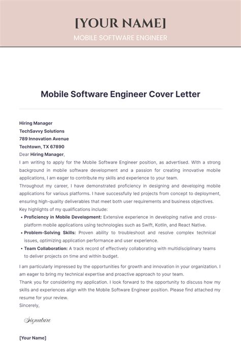 Free Mobile Software Engineer Cover Letter Template To Edit Online