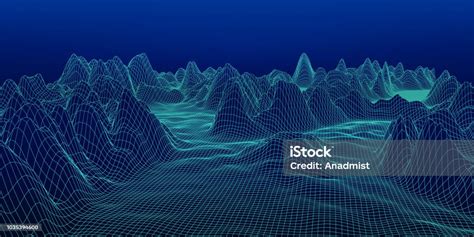 추상 디지털 풍경입니다 와이어 프레임 풍경 배경입니다 미래 벡터 일러스트입니다 0명에 대한 스톡 벡터 아트 및 기타 이미지