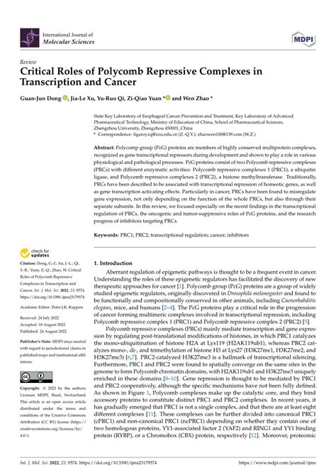 Pdf Critical Roles Of Polycomb Repressive Complexes In Transcription And Cancer