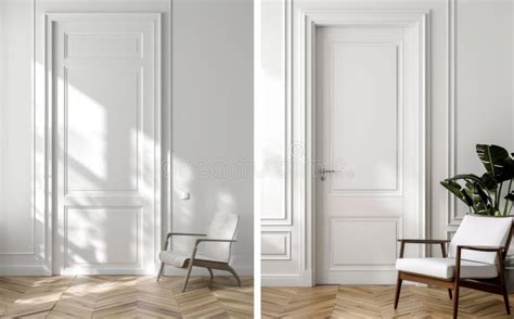 Minimalist Interior Design With Modern White Doors And Wooden Chair In