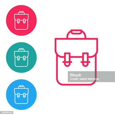 흰색 배경에 격리 된 레드 라인 학교 배낭 아이콘 원 버튼에 아이콘을 설정합니다 벡터 가방에 대한 스톡 벡터 아트 및 기타 이미지 가방 공부 교육 Istock