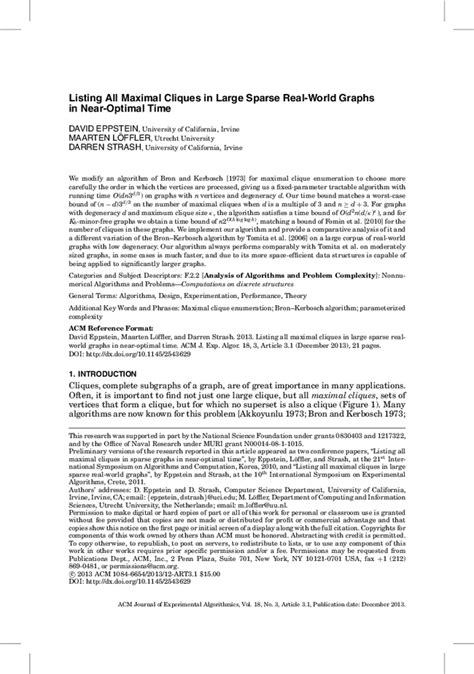 Listing All Maximal Cliques In Large Sparse Real World Graphs Acm