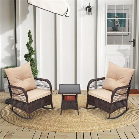 Hommow 3 Piece Outdoor Rattan Rocking Chairs Set Pe Wicker Patio