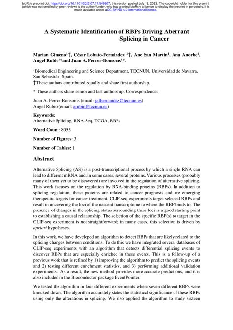 Pdf A Systematic Identification Of Rbps Driving Aberrant Splicing In