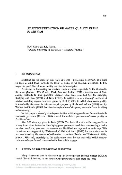 Pdf Adaptive Prediction Of Water Quality In The River Cam Juha