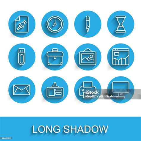 세트 메일 및 전자 메일 식별 배지 푸시 버튼이 있는 메모 용지 프린터 컴퓨터 모니터 서류 가방 그래프 차트 인포그래픽 및 그림 가로 아이콘을 설정합니다 벡터 Usb