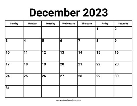 December 2023 Calendar Calendar Options