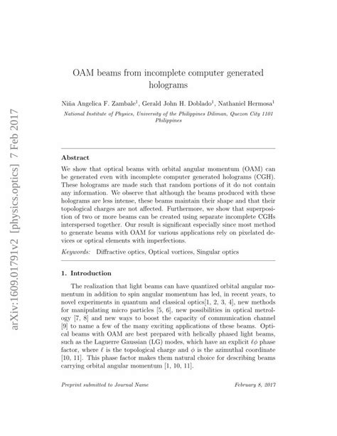 Pdf Oam Beams From Incomplete Computer Generated Holograms · Pdf