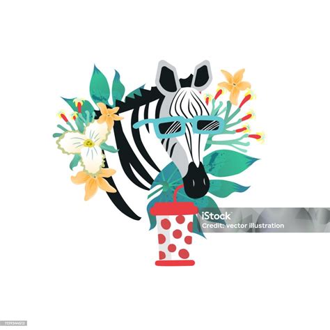 선글라스와 음료와 귀여운 얼룩말의 만화 스타일 아이콘입니다 열 대 잎 다른 디자인에 대 한 꽃과 문자의 재미 초상화 얼룩말에 대한 스톡 벡터 아트 및 기타 이미지 Istock