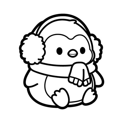 Cute Chubby Penguin With Earmuffs Lineart