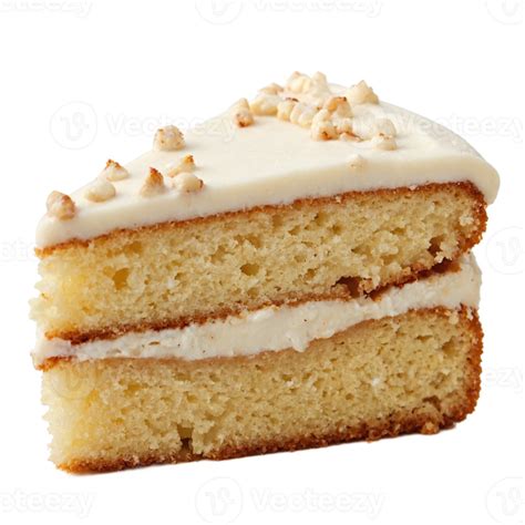Slice Of Vanilla Cake With Creamy Frosting And Nut Toppings On