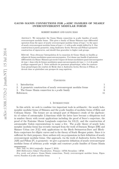Pdf Gauss Manin Connections For P Adic Families Of Nearly Overconvergent Modular Forms